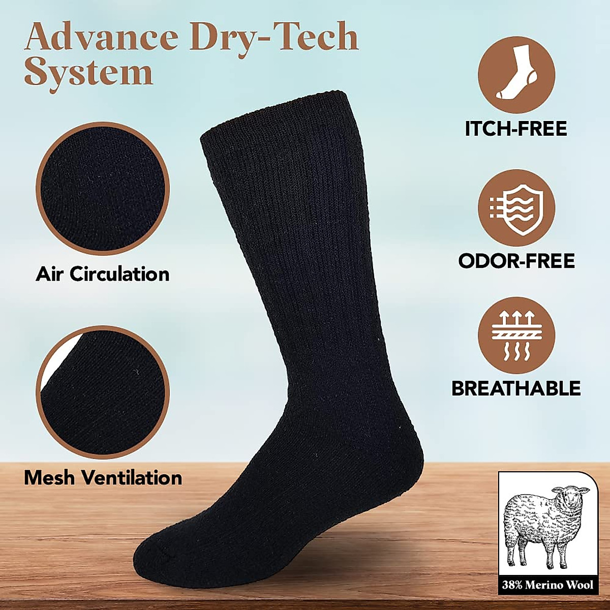 Debra Weitzner 6 Pairs Merino Wool Thermal Socks Men and Women Warm Cushioned Hiking Crew Socks for Hunting Winter Etc Long Survival Boot Socks Moisture Wicking Black 9-11