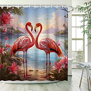 JONSEQIN Flamingo Shower Curtain Tropics Summer Plant and Animal Palm Tree Floral Farmhouse Rustic Rural Nature Romantic Ocean Seaside Landscape Bathroom Decor Curtains 70x70 inch with Hook
