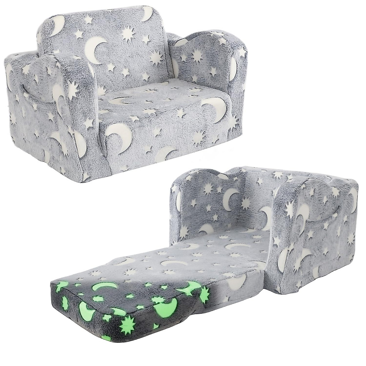 Snowmini Kids &Toddler Couch,Kids Sofa Couch Fold Out,Toddler Chair for Kid 2 in 1,Convertible Sofa to Lounger for Playroom,Baby Couch with Glowing at Night,Grey