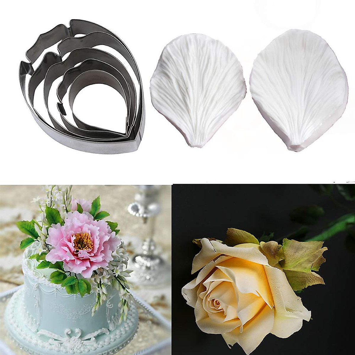 KALAIEN 5pcs Stainless Steel Peony Cutter 2pcs Fondant Silicone Mold Gumpaste Peony Sugarcraft Flower Veining Mold Veiner Petal Making Tool