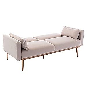 Accent Sofa Loveseat Mid Century Modern Velvet Sofa Couch with Pillows Metal Feet Loveseat Sofa Vintage for Small Space (Beige)