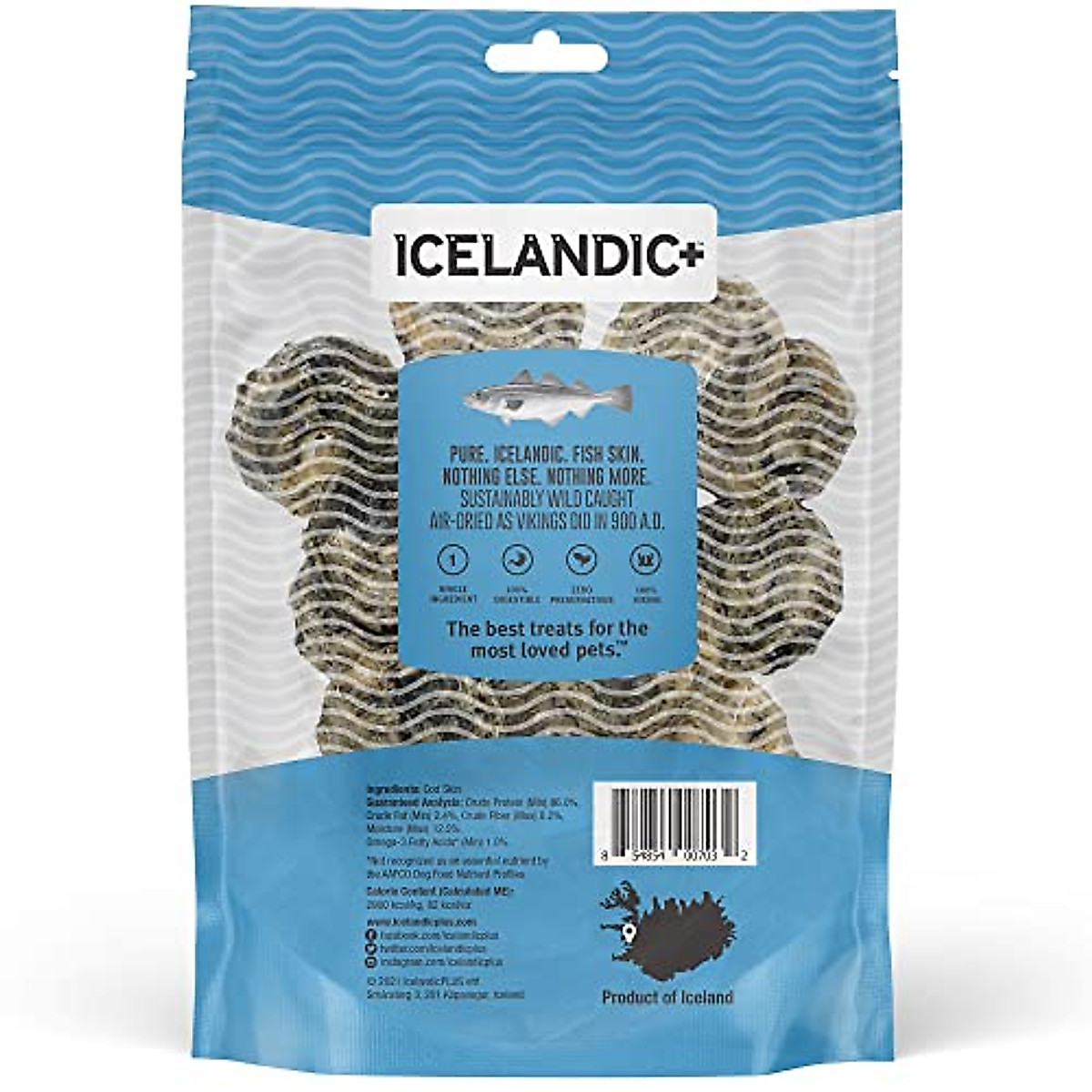 Icelandic+ Plus: Cod Skin Rolls Dog Treat, 3-oz Bag, 100% Edible and Digestible, No Additives, No Preservatives or Supplements, Full of Omega-3 for Healthy Skin and Shiny Coat
