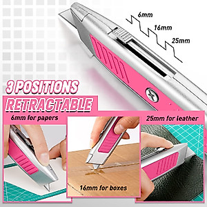 DIYSELF 2 Pack Box Cutter, Aluminum Utility Knife, Box Cutter Retractable, Sturdy Razor Knife for Cardboard, Boxes, Packages, Papers, Cartons, Box Cutter Knife, Navajas de Trabajo, Pink Knife
