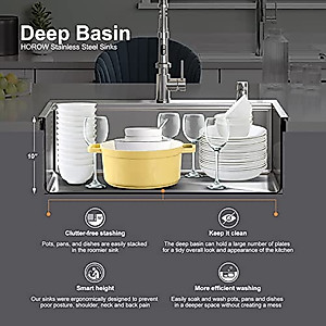 HOROW 33 inch Drop In Workstation Kitchen Sink, 18 Gauge Topmount Drop In Sink for Kitchen, sus 304 Stainless Steel Sink with 2 holes, Deep Single Bowl Kitchen Sink with Accessories, 33"x22"x10"