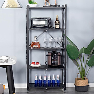 Jurbnlp 3-Tier Multipurpose Folding Shelf Storage Shelves Heavy Duty Foldable Metal Shelving Units Racks with Lockable Wheels No Assembly Required Great for Kitchen and Garage Shelf Black