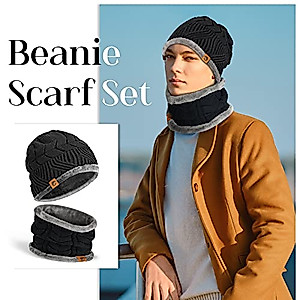 URECOVER Winter Beanie Scarf for Men - Black Slouchy Knit Fleece Cap for Women, Toboggan Hat Christmas Stocking Stuffers Birthday Gifts for Teens Unisex Adults