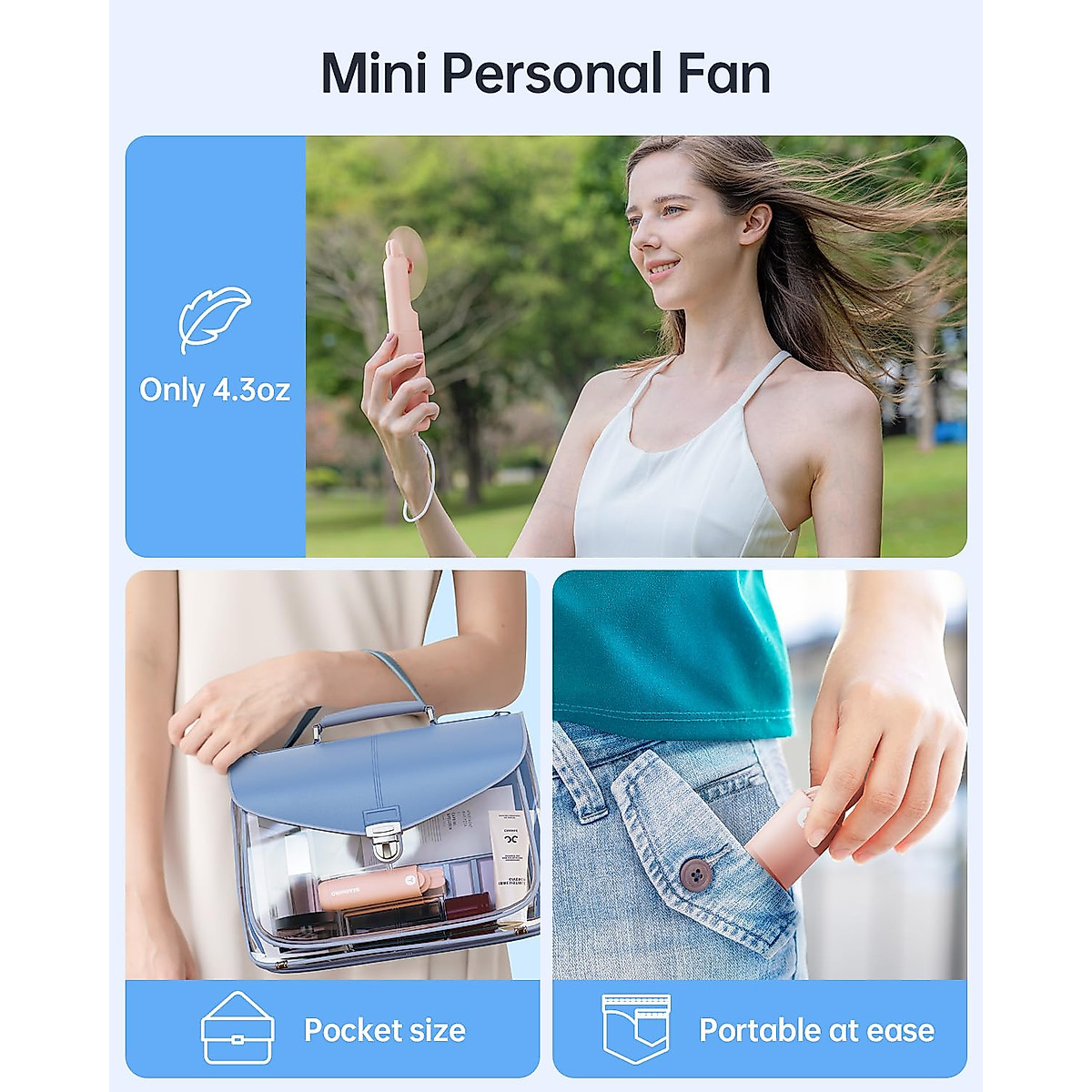 Bearwind Portable Handheld Fan, Personal Mini Travel Fan - Hand Held Fan, 2 Speed, LED Display, USB Rechargeable, Cute Lash Eyelash Pocket Fan