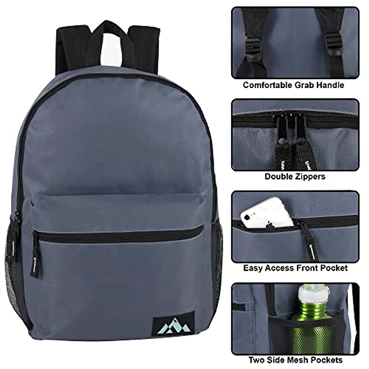 Trail maker 24 Pack Wholesale Backpacks for College, Adults, Sports 18 Inch Color Block Backpacks in Bulk