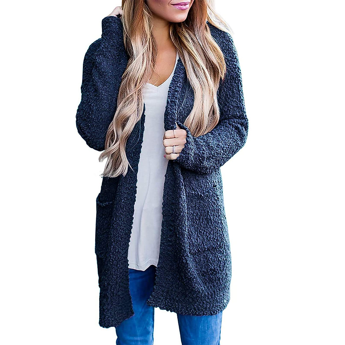 MEROKEETY Women's 2024 Winter Long Sleeve Soft Chunky Knit Sweater Open Front Cardigan Outwear Coat Navy