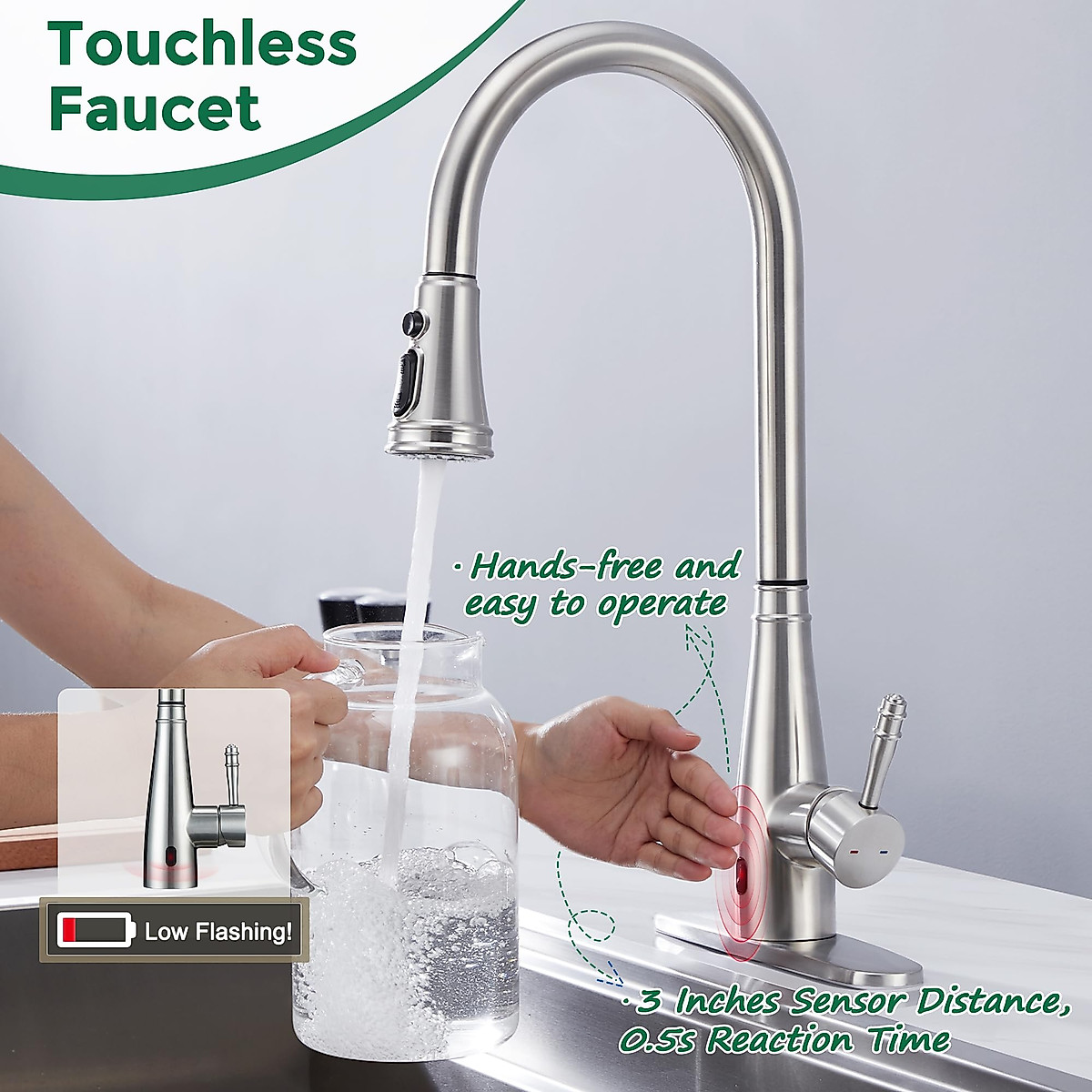 KPAIDA Touchless Kitchen Faucet with Pull Down Sprayer, Brushed Nickel Kitchen Sink Faucet with Deck Plate, Infrared Motion Sensor Smart Stainless Steel Single Handle High Arc Faucet for Kitchen Sink