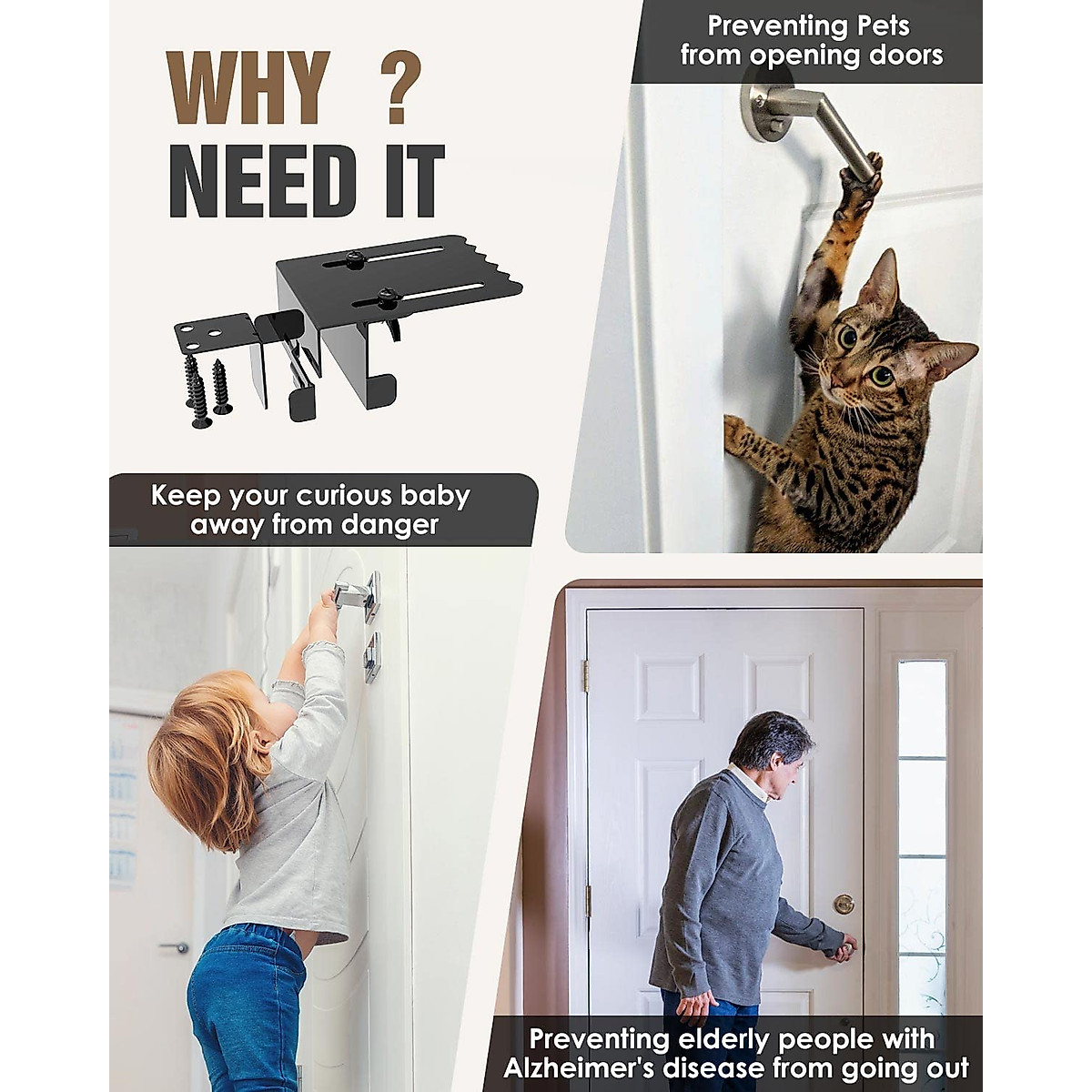 Door Locks for Kids Safety,Child Proof Interior/Exterior Door Lock of Top,Made of Durable Metal for Toddler,Perable from Both Sides,Prevent Pet or Baby from Entering Bedroom & Basement(Black,1 Pack)