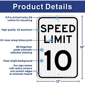 (4 Pack) Speed Limit 10 MPH Sign, Slow Down Sign, Traffic Signs,18 x 12 Inches Engineer Grade Reflective Sheeting, Rust Free Aluminum, Weather Resistant, Waterproof, Durable Ink, Easy to Mount