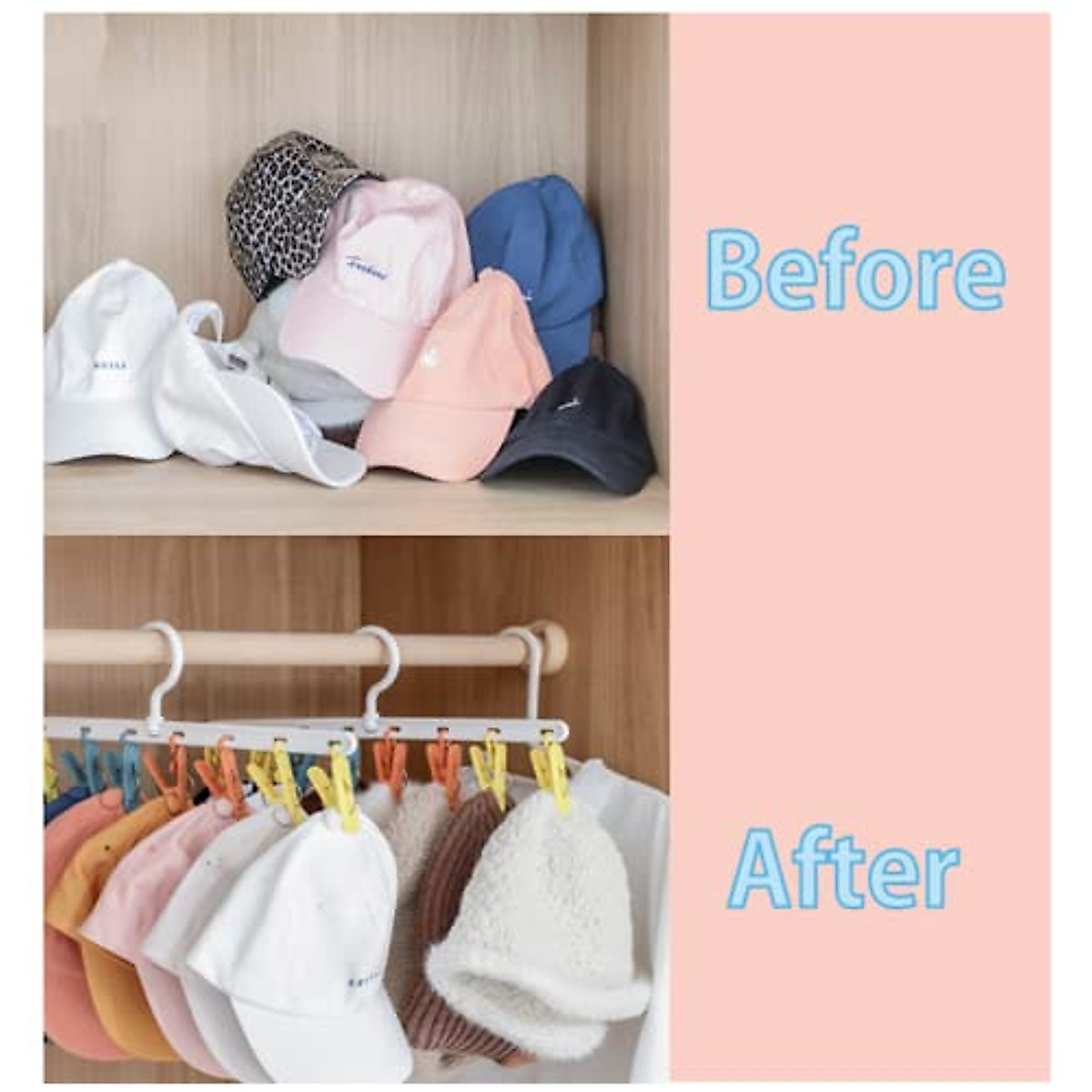 Durable Hanging Closet Organizer for Underwear Double Sided with Mesh Pockets& Hat Storage 8 Hat Storage Clips for Hat Rack for Baseball Caps Hat Organizer Holder (Gray&White, Bra&Hat Storage)