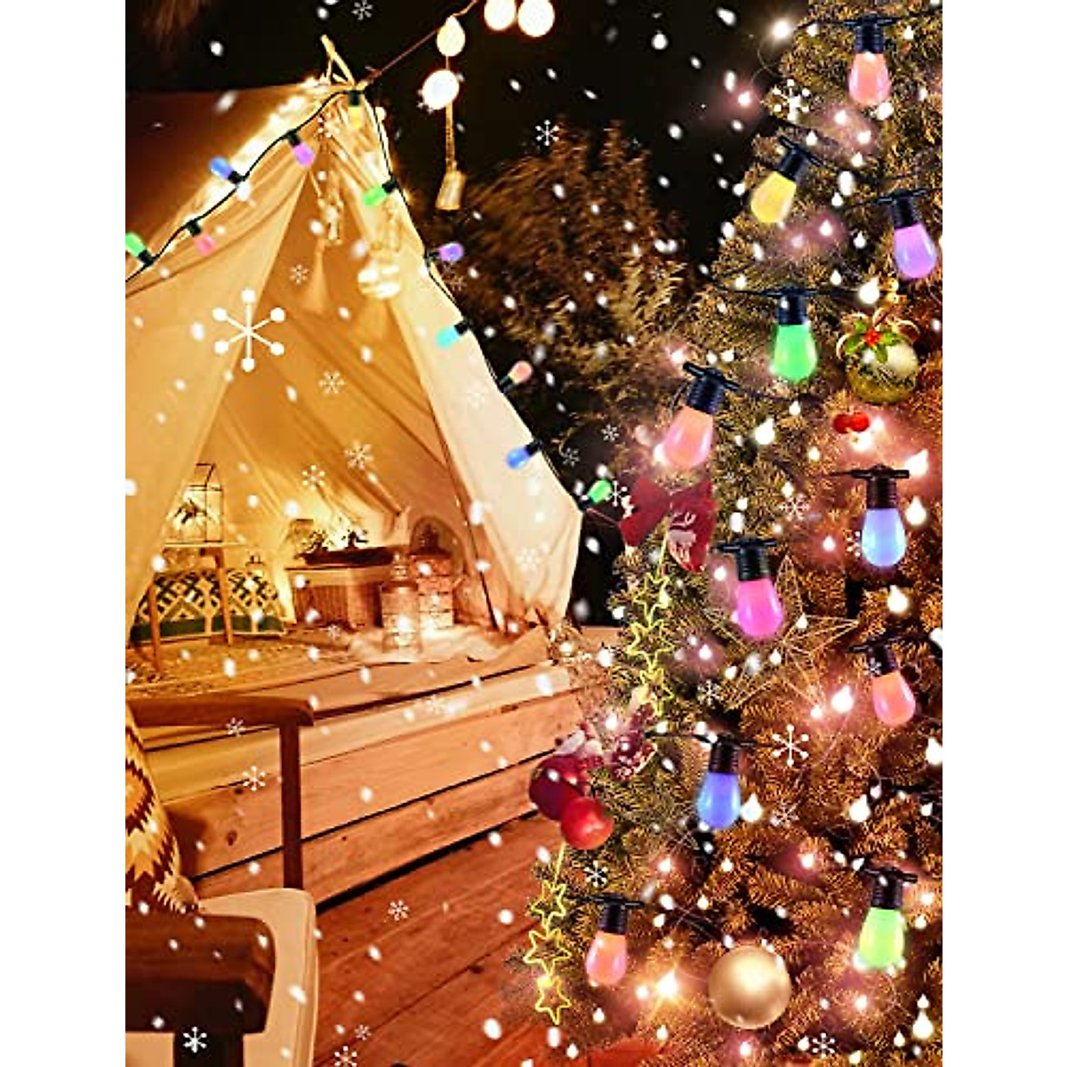 Jevindo Solar Outdoor String Lights, Portable 48ft IP65 Waterproof Patio RGB LED String Lights with 15 LED Bulbs Dimmable Multi-Color, Smart Bluetooth App Control, Balcony, Backyard, Camping, Travel