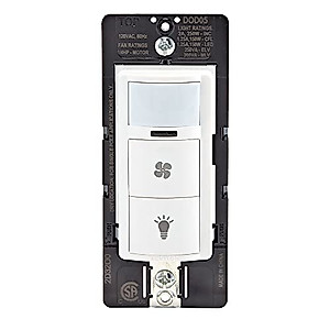 Leviton Decora in-Wall Combination Occupancy Sensor with Fan Switch, 1/4 HP, Residential Grade, Single Pole, White, DOD05-1LW