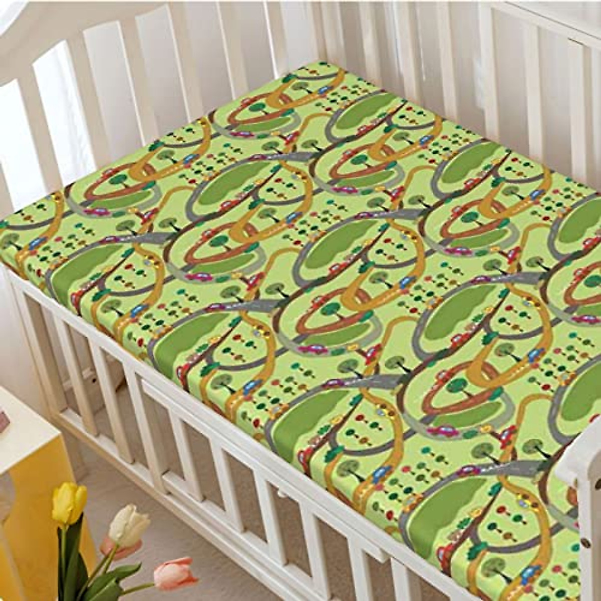 Cars Themed Fitted Crib Sheet,Standard Crib Mattress Fitted Sheet Soft & Stretchy Fitted Crib Sheet-Great for Boy or Girl Room or Nursery, 28“ x52“,Multicolor