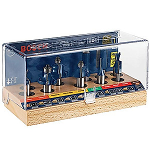 BOSCH RBS010 10-Piece 1/2 In. and 1/4 In. Shank Carbide-Tipped All-Purpose Professional Router Bits Assorted Set with Case for Applications in Straight, Trimming, Decorative Edging, Dovetail Joinery