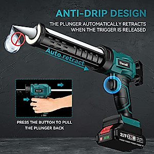 Uaoaii Cordless Caulking Gun, 20V Electric Caulk Adhesive Gun w/2.0Ah Li-Battery & Charger, LED Light, 4 Adjustable Speeds Drip-Free Caul Gun w/ 3 in 1 Caulking Tools for Filling, Sealing -10oz/300ml