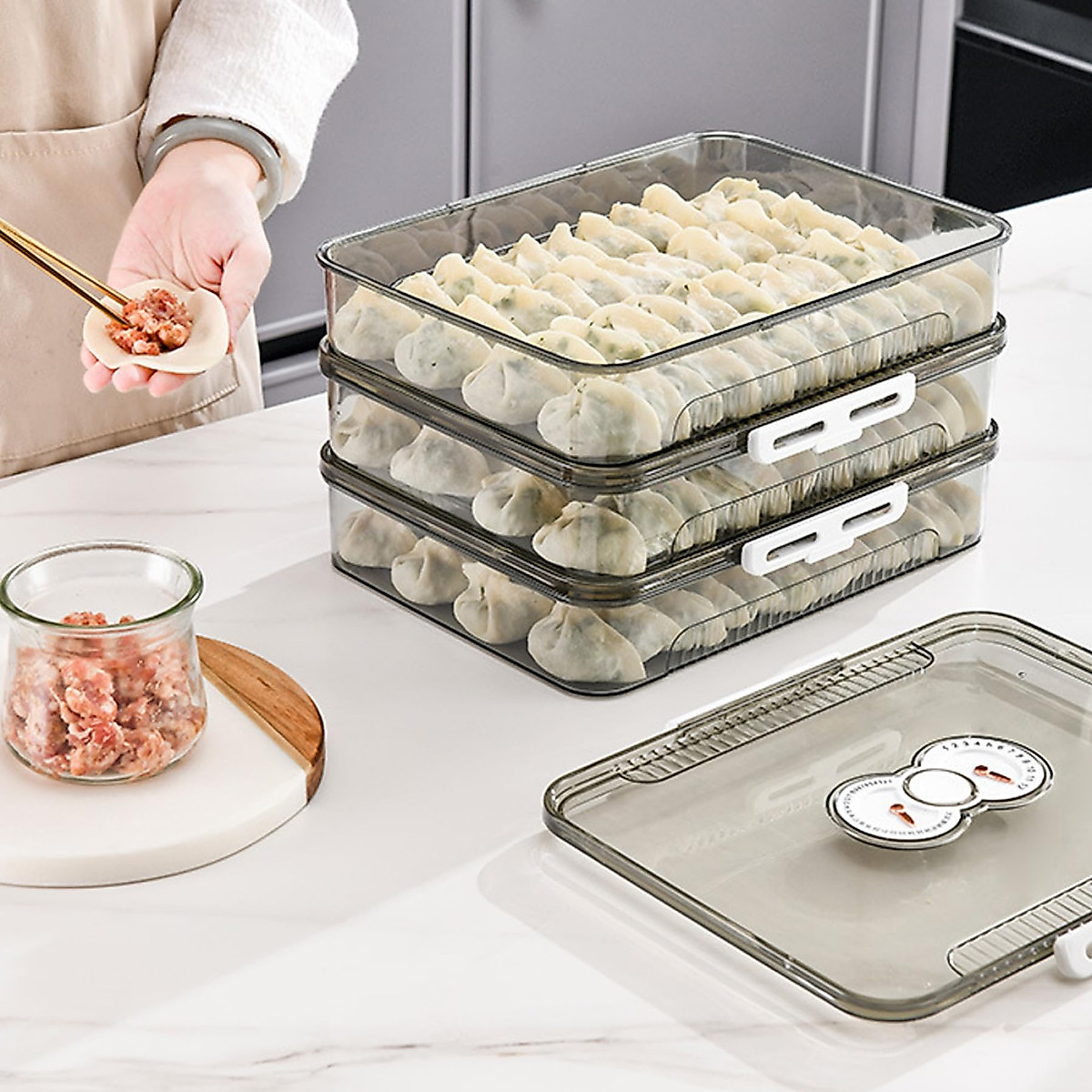 Dumpling Box, 4 Layers Freezer Safe Food Storage Containers, Transparent Stackable Cookie Container with Lid Plastic Good Sealing for Kitchen and Fridge