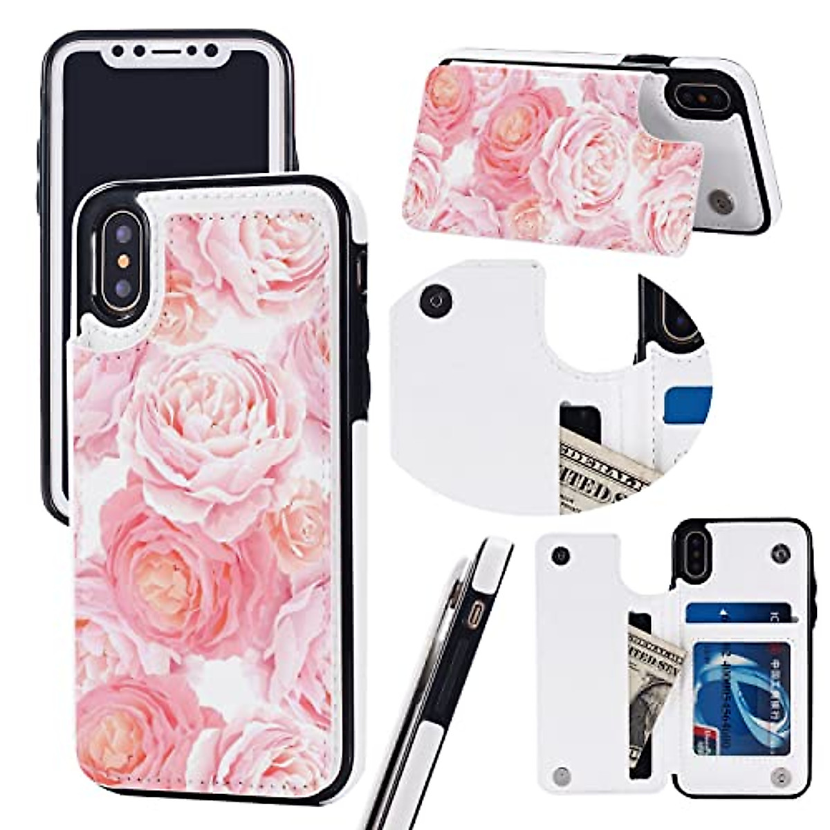 Elegance Color Pink Roses Wallet Phone Cases Fashion Leather Design Protective Shell Shockproof Cover Compatible with iPhone X/XS