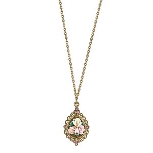 1928 Jewelry Pink Crystal And Ivory And Pink Porcelain Rose Pendant Necklace For Women 16" + 3" Extender