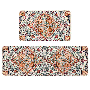 Artoid Mode Orange Flowers Bohemia Kitchen Mats Set of 2, Daily Boho Home Decor Low-Profile Kitchen Rugs for Floor - 17x29 and 17x47 Inch