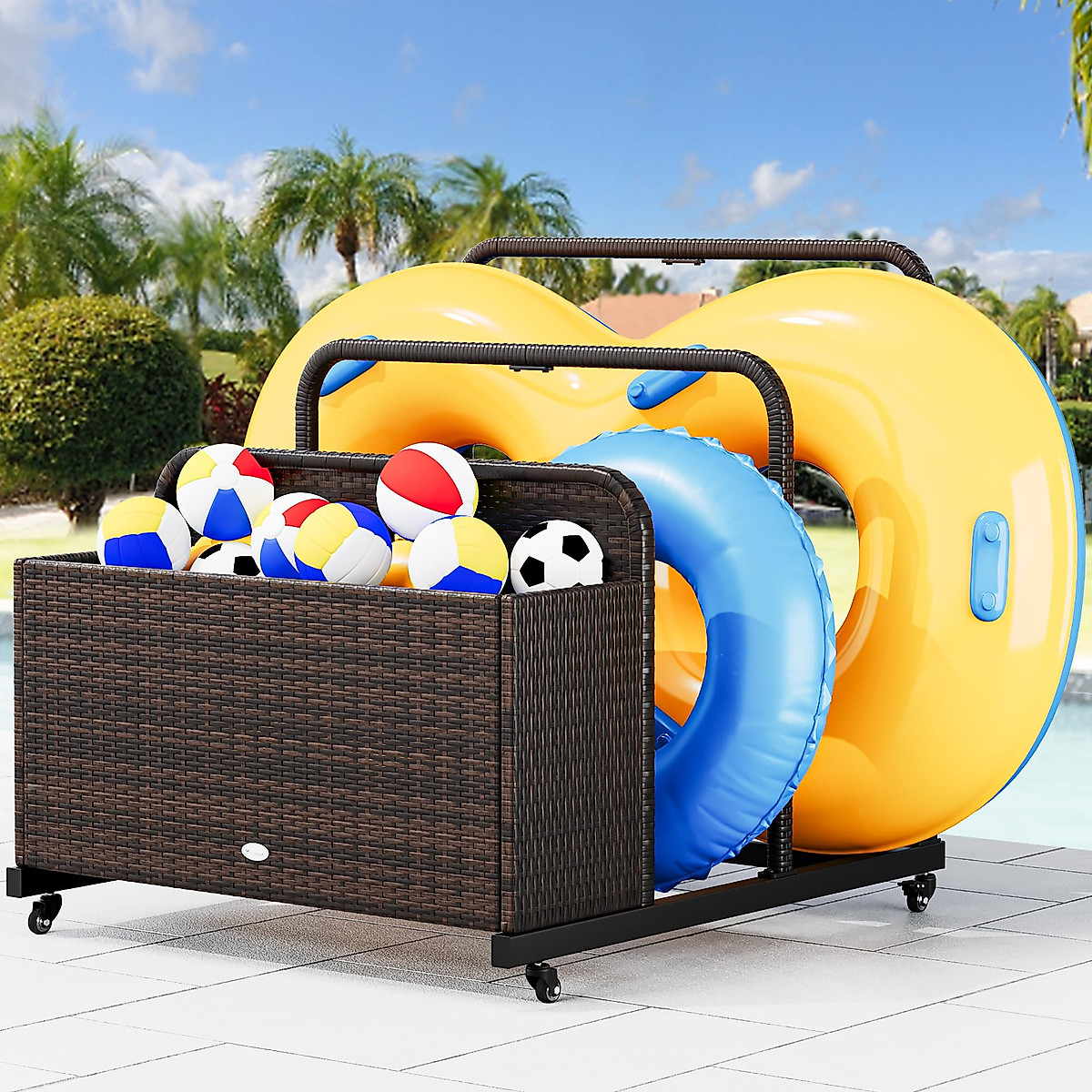 YITAHOME Outdoor Storage Box with Tiered Storage Racks, Large Wicker Rattan Deck Box for Patio, Pool, Supplies, and Tools - Brown