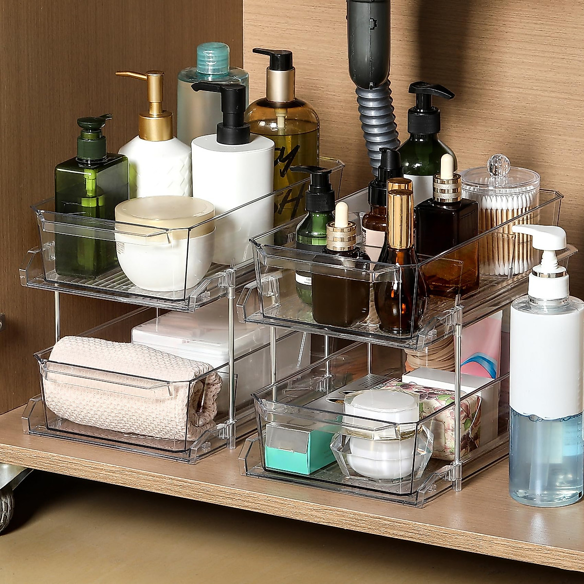 2 Tier Clear Organizer with Dividers, Multi-Purpose Slide-Out Storage Container, Bathroom Vanity Counter Organizing Tray, Under Sink Closet Organization, Kitchen Pantry Medicine Cabniet Storage Bins