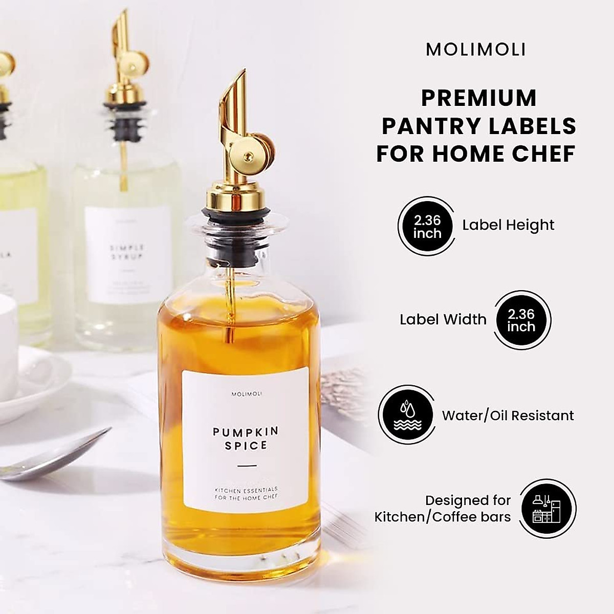 MoliMoli Minimalist Labels, Pantry Labels, Kitchen Labels, Organization Labels Set Including Oil Labels for Bottles, Cooking Sauce and Wine Labels, and Coffee Syrup Labels for Coffee bar