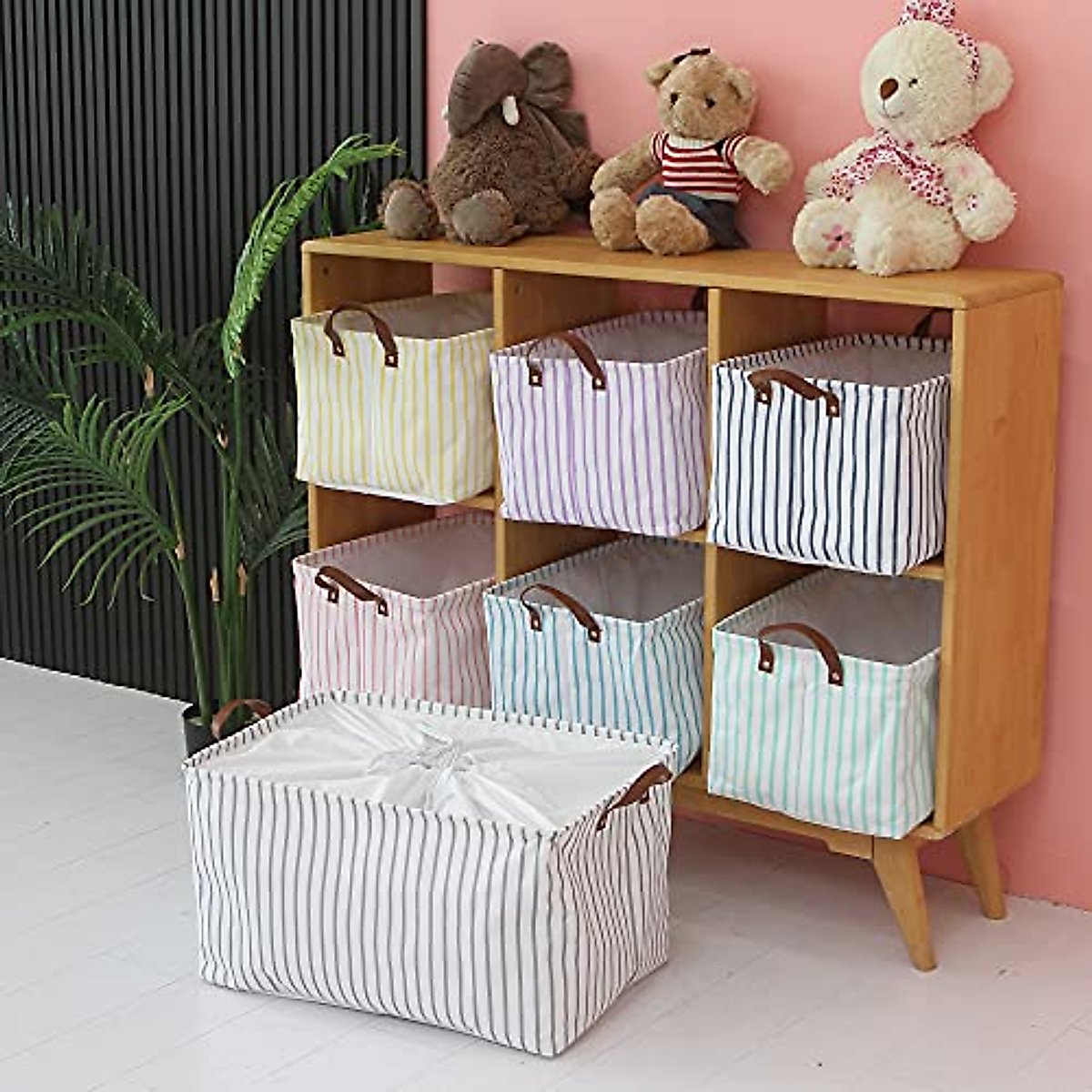 Hinwo 70L Extra Large Capacity Storage Basket Canvas Storage Bin Collapsible Storage Box with PU Leather Handles and Drawstring Closure, 22 by 15 inches, Waterproof Inner Layer, Grey Vertical Stripe