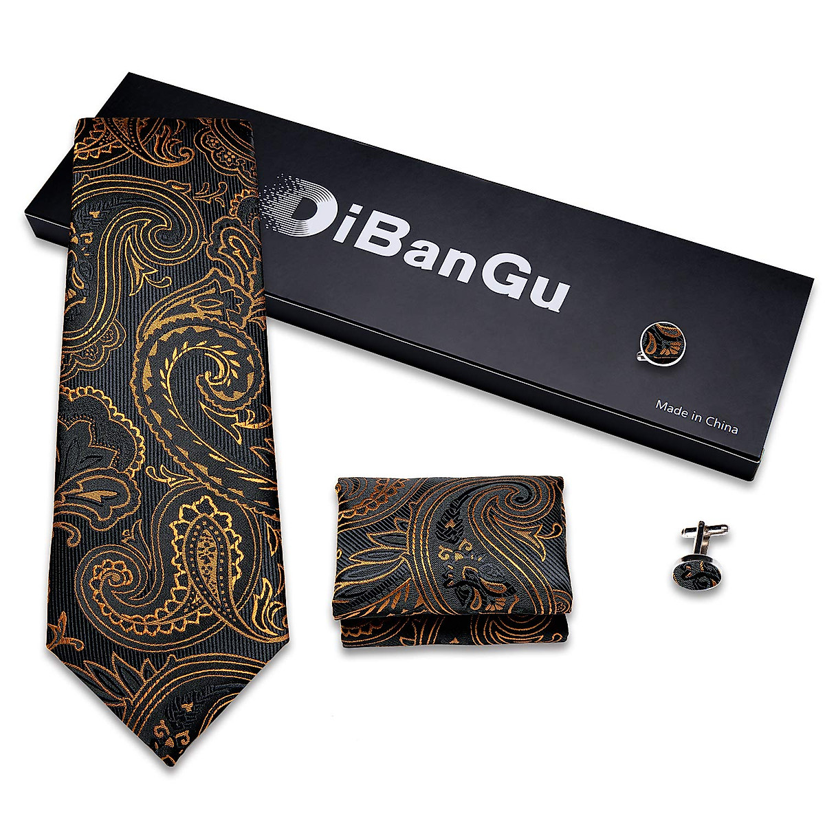 DiBanGu Mens Tie Set Silk Solid Paisley Necktie and Pocket Square Cufflinks Classic Formal Ties for Men Wedding Party, Black and Gold