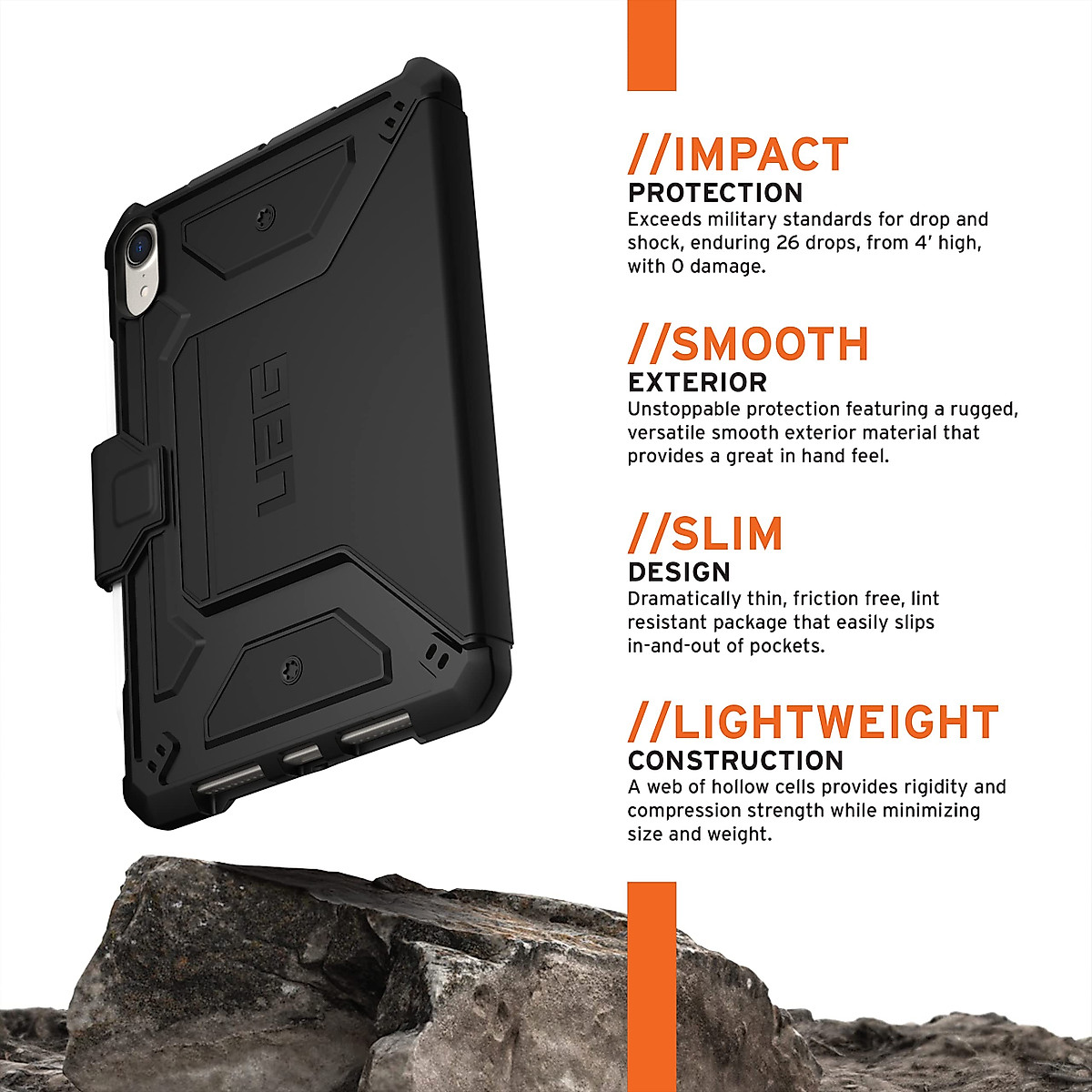 URBAN ARMOR GEAR UAG Designed for iPad Mini Case (6th Gen, 2021) Rugged Smooth Exterior Material Heavy Duty Multi-Angle Viewing Folio Stand with Pencil Holder Metropolis SE Protective Cover, Black