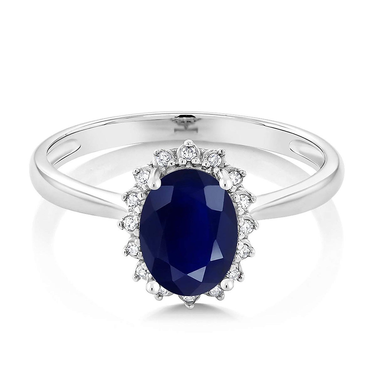 Gem Stone King 10K White Gold Blue Sapphire and Diamond Halo Engagement Ring For Women (1.85 Cttw, Oval 8X6MM, Size 7)