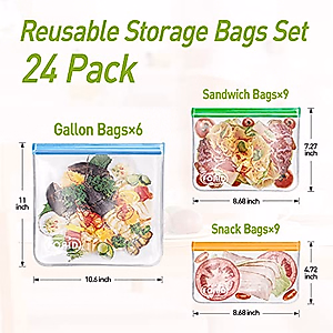 24 Pack Reusable Food Storage Bags - Non Plastic & Silicone Gallon Freezer Bags Sandwich Snack Resealable Lunch Bags Extra Thick Leakproof for Marinate Food & Fruit Cereal Travel Items Home Kitchen