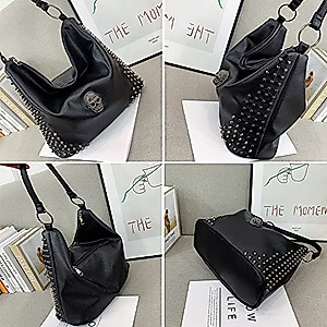 Downupdown Women Handbag PU Leather Shoulder Bag Skull Rivet Tote Bag Crossbody Bag with Long Shoulder Strap-Rivet