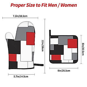 Aao-S745 White Grey Black and Red Irregular Geometric Oven Mitts and Pot Holders Sets of 4 Kitchen Heat Resistant Oven Gloves Non-Slip BBQ Potholders Hot Pads for Cooking Baking Grilling One Size