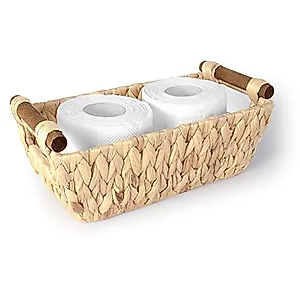 ADO Basics Water Hyacinth Hand Woven Basket, Stain Resistant Polished Wooden Handles Storage Wicker Baskets 12" Length, 6.29" Width, 4.25 Height