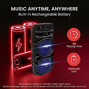 Pyle Portable Bluetooth PA Speaker System - 600W Rechargeable Outdoor Bluetooth Speaker Portable PA System w/ Dual 8” Subwoofer 1” Tweeter, Microphone In, Party Lights, USB, Radio, Remote - PPHP2835B