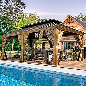 EROMMY 12' x 20' Gazebo, Wooden Finish Coated Aluminum Frame Canopy with Double Galvanized Steel Hardtop Roof, Outdoor Permanent Metal Pavilion with Curtains and Nettings for Patio, Backyard and Deck