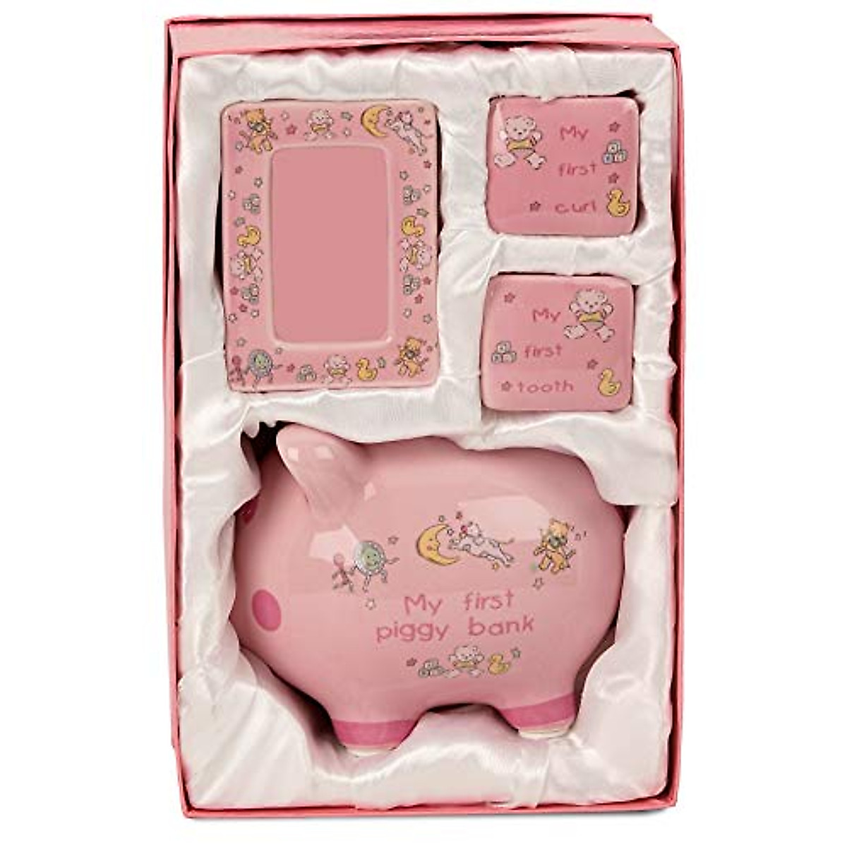 BRUBAKER My First Piggy Bank Gift Set for Baby Girl - 4 Pcs Keepsake Gift Set Includes Piggy Bank, First Curl, First Tooth and Photo Frame - Pink