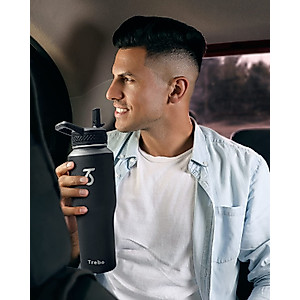 Trebo Water Bottle 32oz with Paracord Handle,Food-grade Double Wall Vacuum Stainless Steel Insulated Tumbler Flask with Straw Spout Lids,Leakproof Keep Cold & Hot,Fit in Any Car Cup Holder,Black