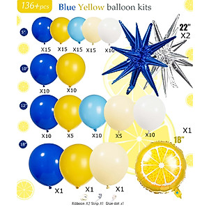 Royal Blue and Yellow balloon garland arch kit 135Pcs with Light blue Pastel Yellow white & Staaburst lemon foil balloons for Lemon main squzee bridal Shower Lemonade Birthday Party Decorations