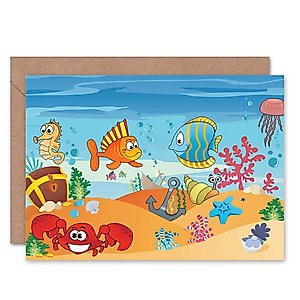 Wee Blue Coo FISH CRAB SEA CREATURES KIDS BLANK GREETINGS BIRTHDAY CARD ART