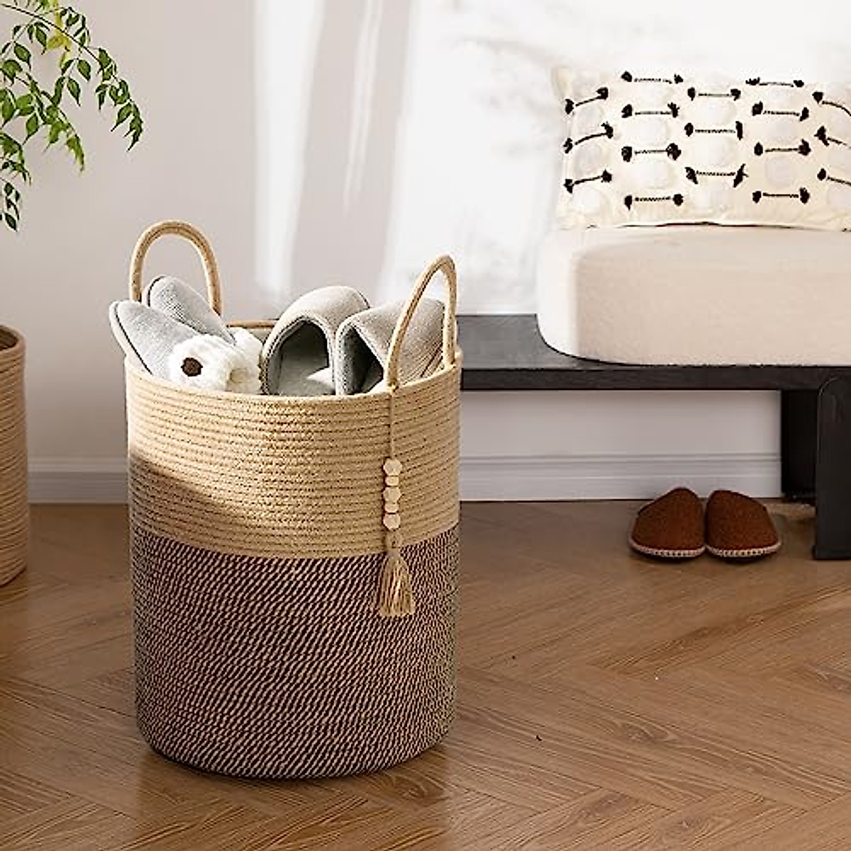 CherryNow Tall Laundry Hamper Woven Storage Basket, Shoe Basket for Entryway, Blanket Basket Living Room, Decorative Basket for Toys, Clothes, 15 x 17.7 Inches, Black & Jute