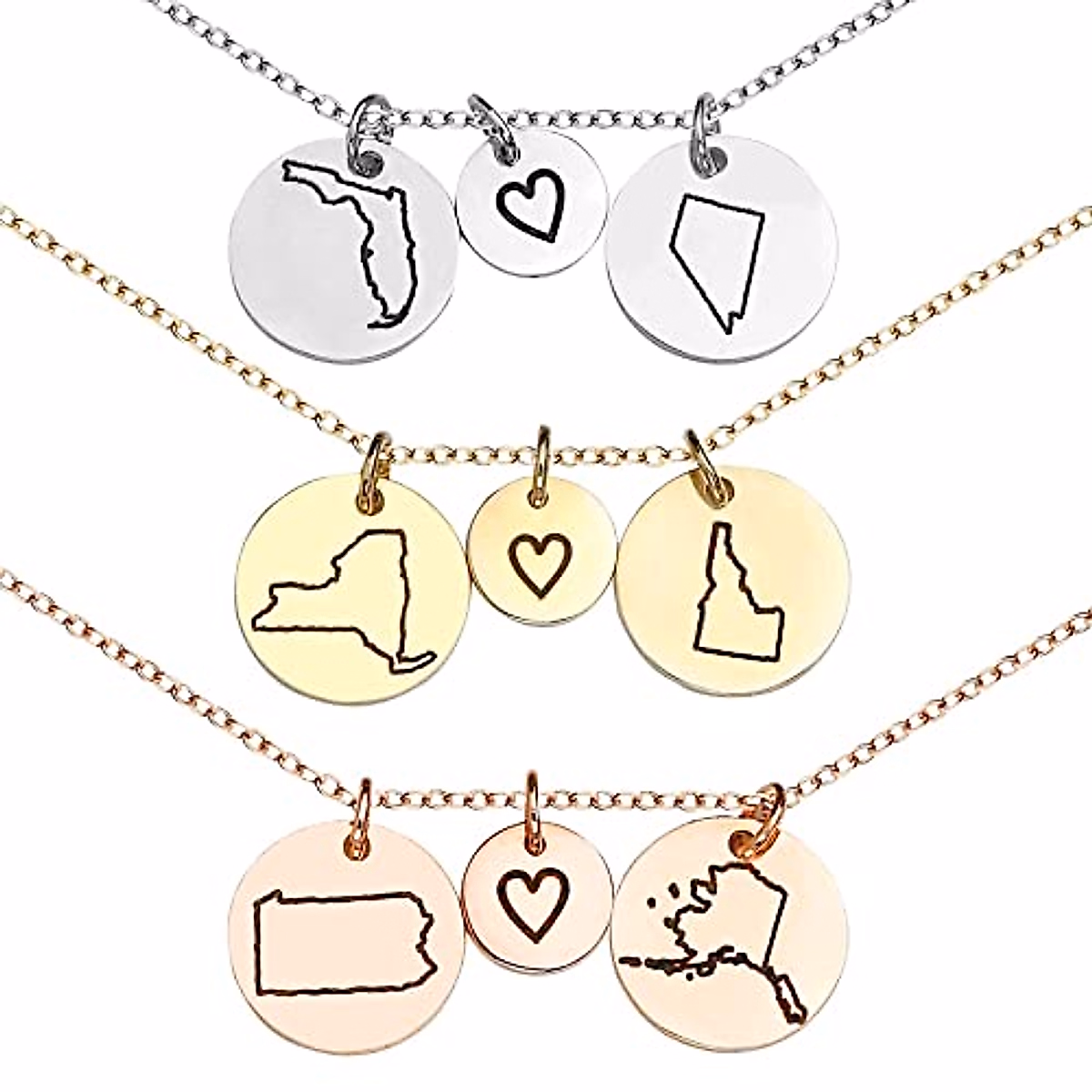 Best Friend Necklace Personalized Friendship Gifts Women Handmade Jewelry Long Distance Couple Mother's Day Gift for Mom State Charm Mother Daughter Matching Necklaces Birthday Family Gifts -CN-LDS