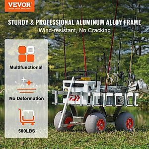 VEVOR Beach Fishing Cart, 400lbs Load Capacity, Fish and Marine Cart with Four 13" Big Wheels PU Balloon Tires for Sand, Heavy-Duty Aluminum Pier Wagon Trolley with 6 Rod Holders for Fishing, Picnic