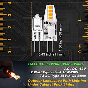 G4 LED Bulb 2W 2700K Warm White AC/DC 12V 10W-20W T3 JC Type Bi-Pin G4 Base Halogen Bulb for Outdoor Landscape Path Lighting Under Cabinet Puck Lights Chandelier RV Camper Boats,No-Flicker,10 Pack