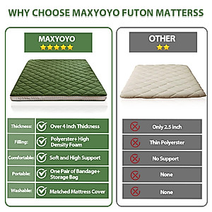 MAXYOYO Japanese Floor Futon Mattress Full Size, Floor Couch for Adults Roll Up Folding Floor Bed Portable Mattress Foam Mattress Queen, Diamond Patterned Japanese Futon Bed, Green
