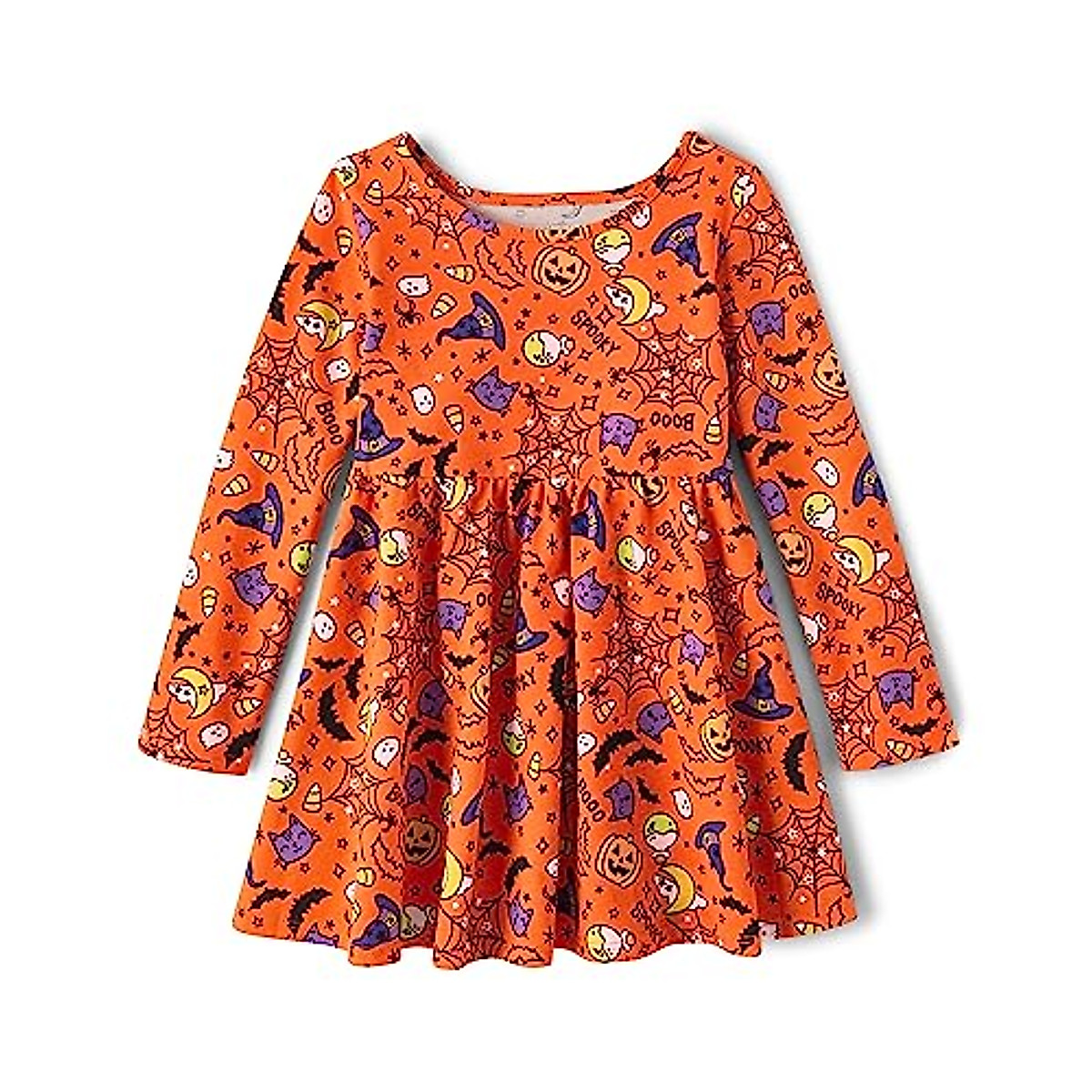 The Children's Place Baby Girls' and Toddler Long Sleeve Halloween Printed Dress, Witch Orange