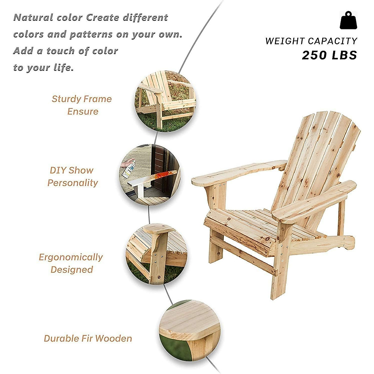 LOKATSE HOME Outdoor Wooden Adirondack Classic Fire Pit Chair for Deck Yard/Garden, Natural Wood